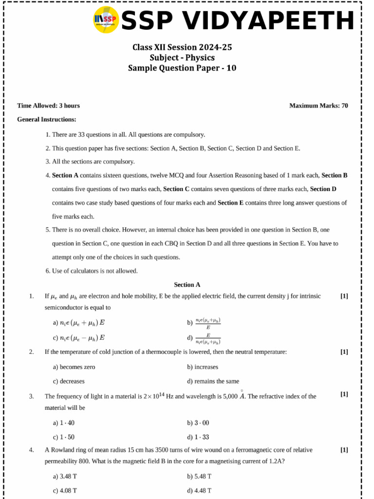 Physics SQP 10 | PDF