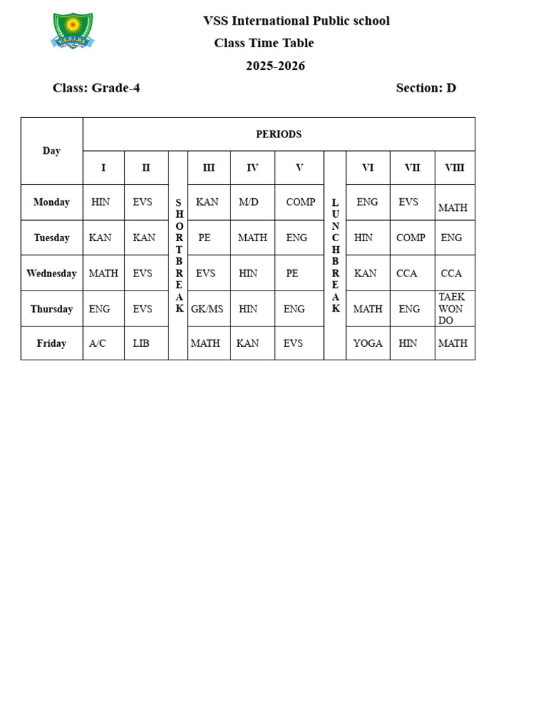 VSSIP SchoolClass Time Table 4ddocx - 250606 - 220536 | PDF
