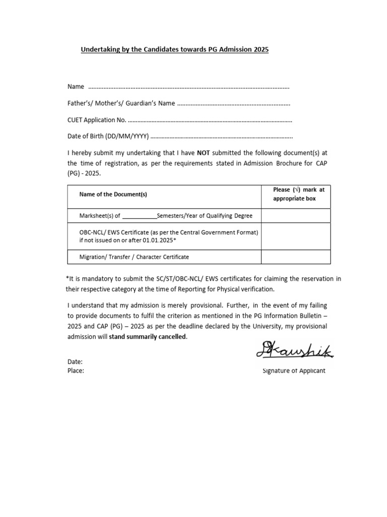 Undertaking Format 2025 | PDF