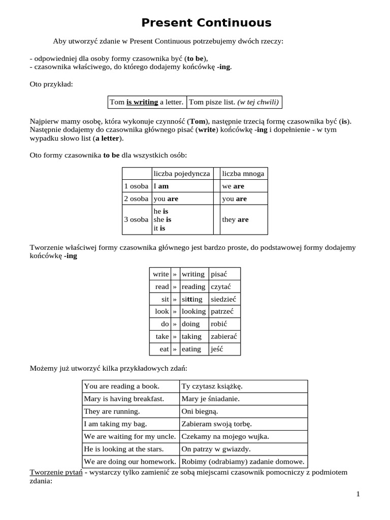 Czas Present Continuous TEORIA | PDF