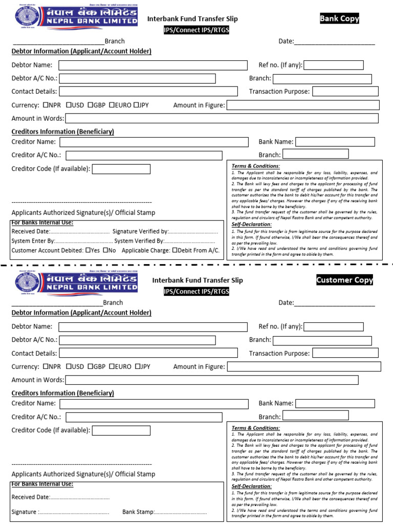IPS Connect IPS RTGS Fund Transfer Slip | PDF | Banks | Debits And Credits
