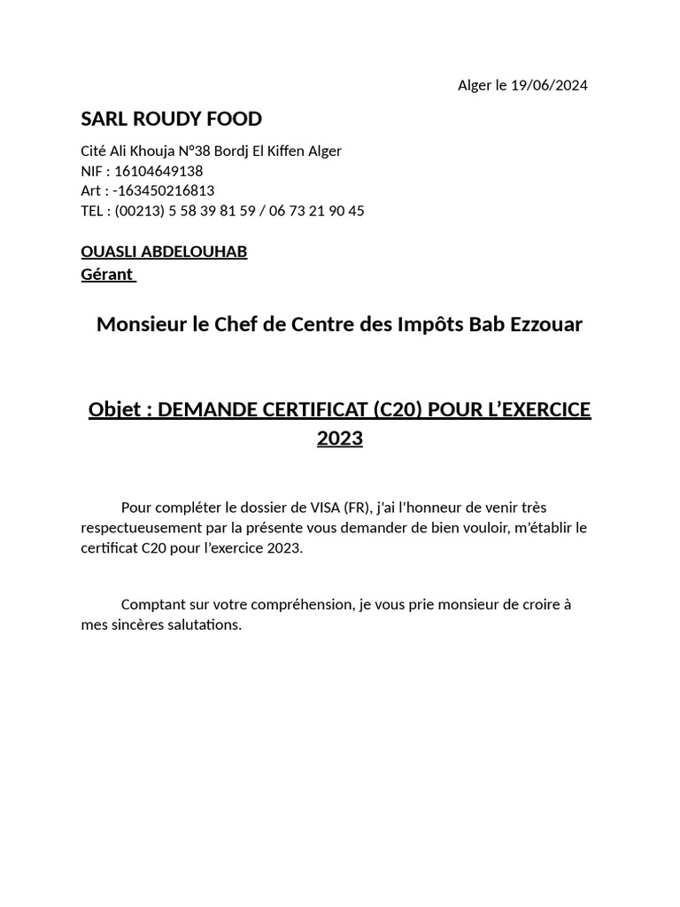 Demande de certificat C20 pour visa | PDF