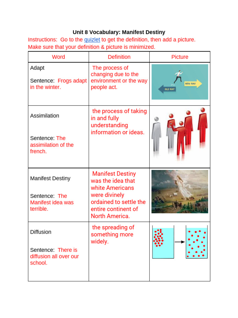 Unit 8 Vocabulary - Manifest Destiny (Barnes) | PDF | Cultural ...