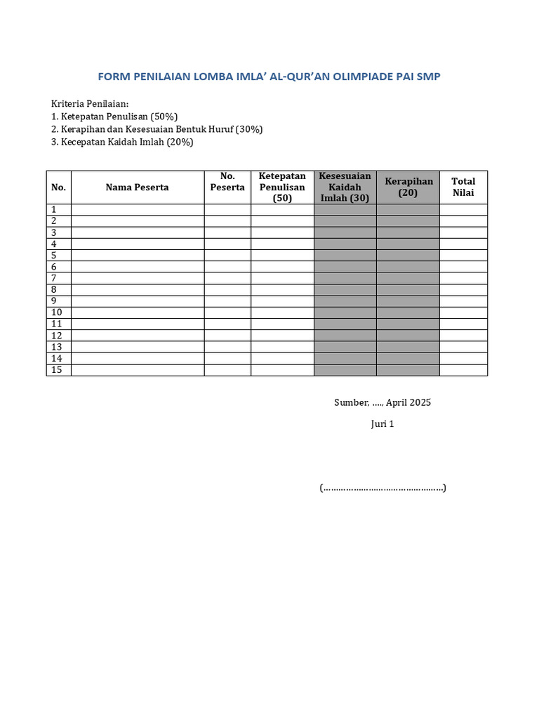 Form Penilaian Lomba Imla' SMP | PDF