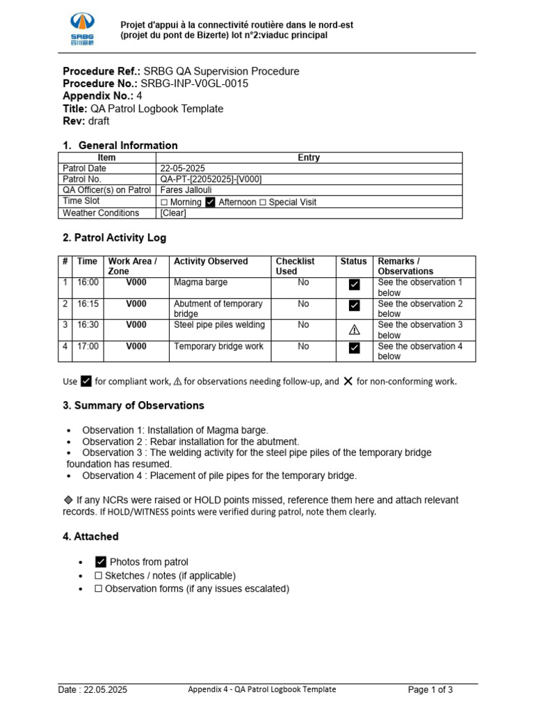 SRBG QA Supervision Procedure SRBG-INP-V0GL-0015 4 QA Patrol Logbook ...