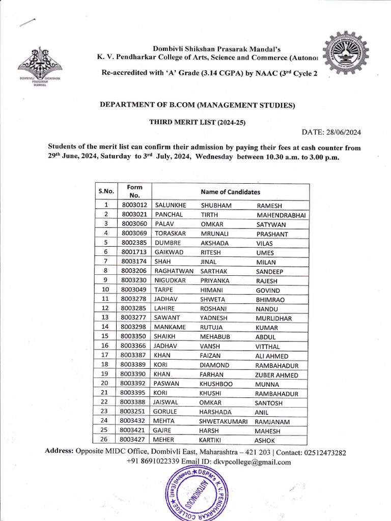 K.V. Pendharkar College Merit List 2024 | PDF