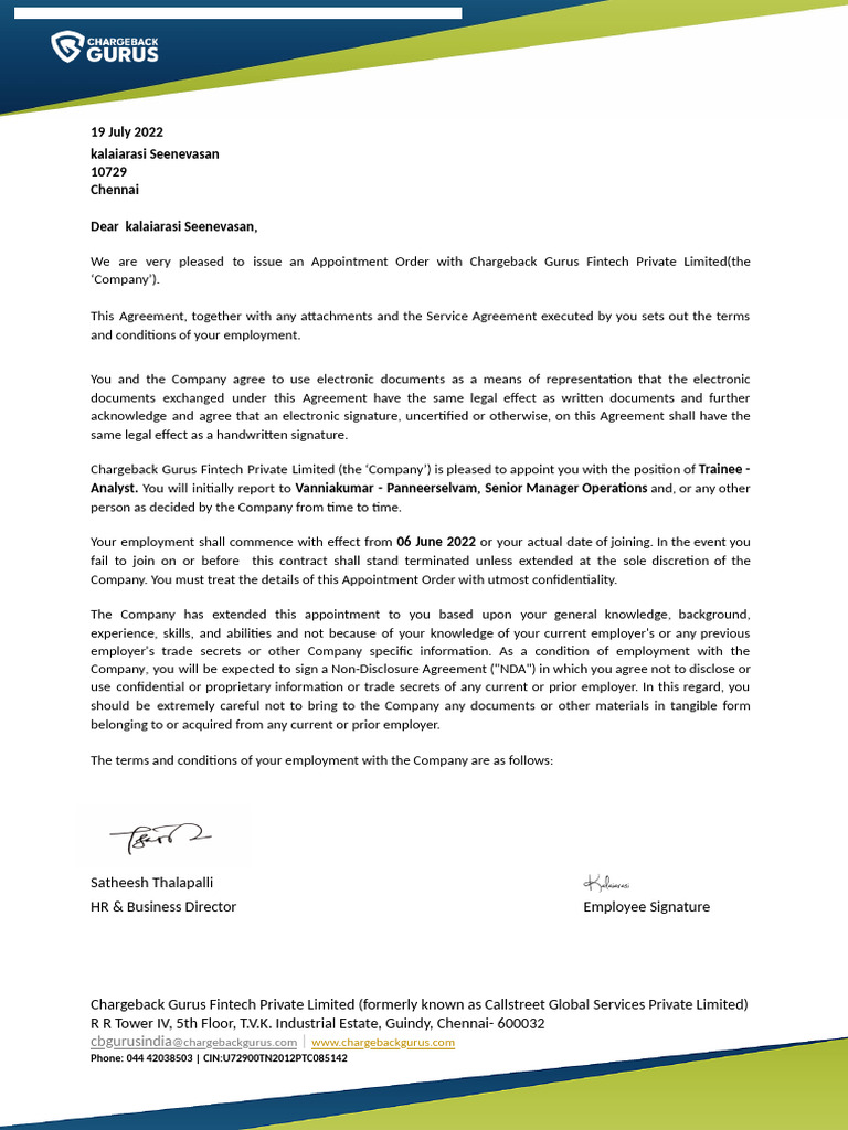Appointment Order Kalaiarasi | PDF | Non Disclosure Agreement | Trade ...