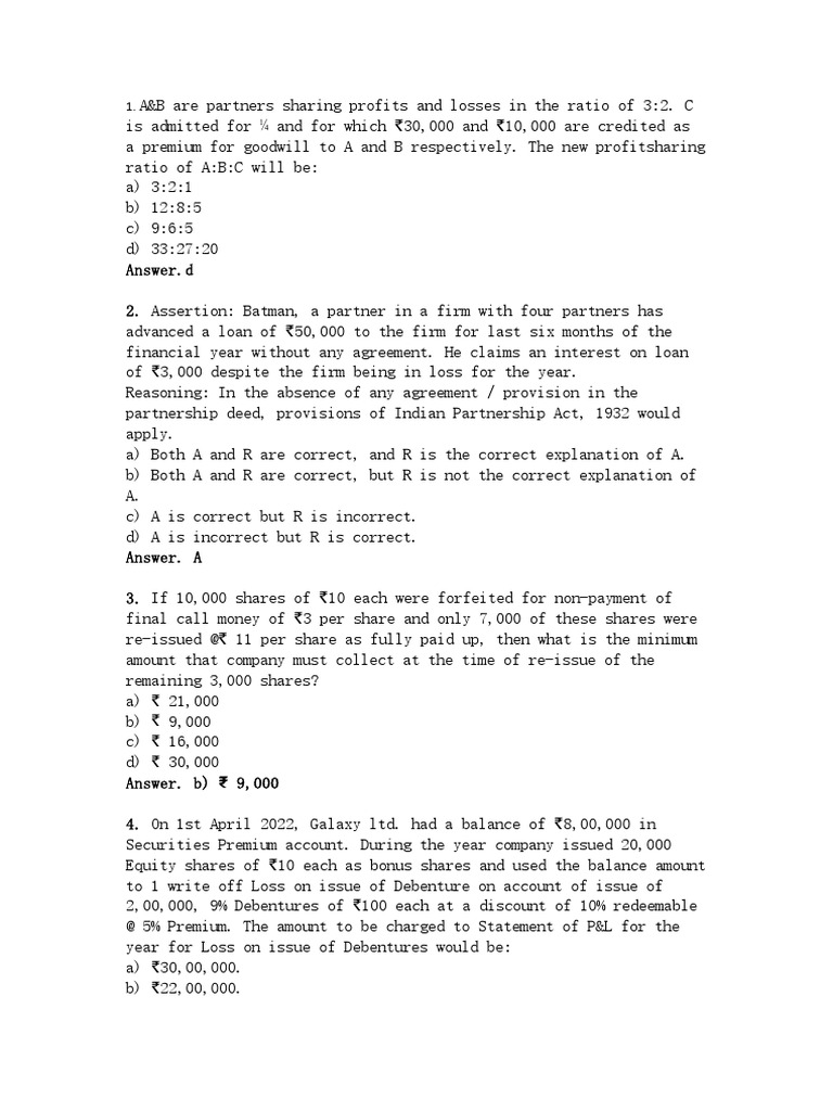 Cbse CL 12 Acc Top 50 Mcqs | PDF | Debenture | Debits And Credits