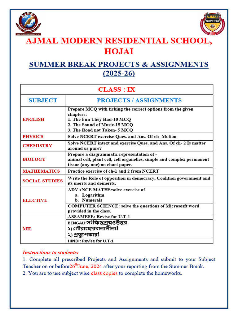 Assignment Class IX Summer Break | PDF