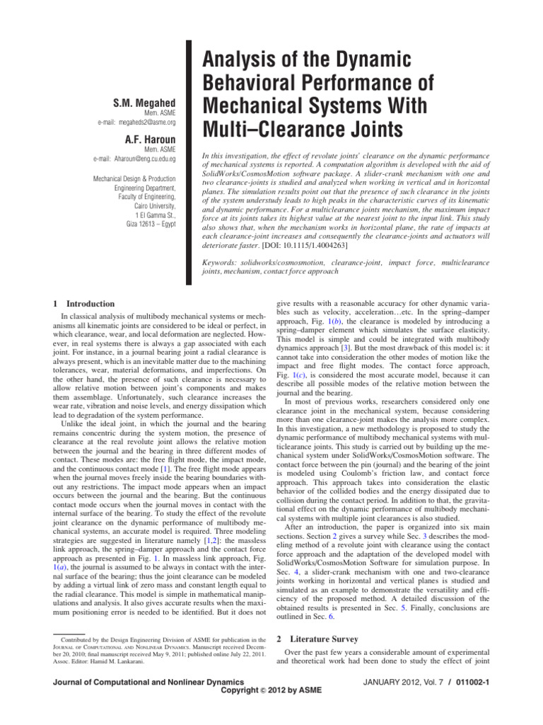 Dynamic Analysis of Multi-Clearance Joints | PDF | Force | Kinematics
