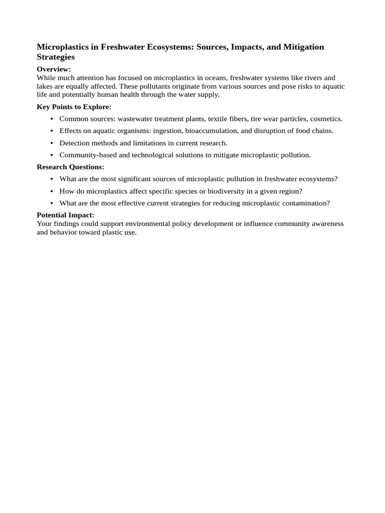 Microplastics in Freshwater Ecosystems Sources, Impacts, and Mitigation ...