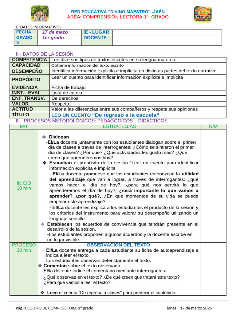 Iii-1g-Comp. Lect. Leo Un Cuento - Sesión | PDF | Aprendizaje | Escuelas