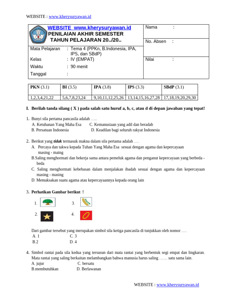 SOAL & Jawaban PAS KELAS 4 TEMA 4 Ver. 2 - WEBSITE WWW - Kherysuryawan.id | PDF