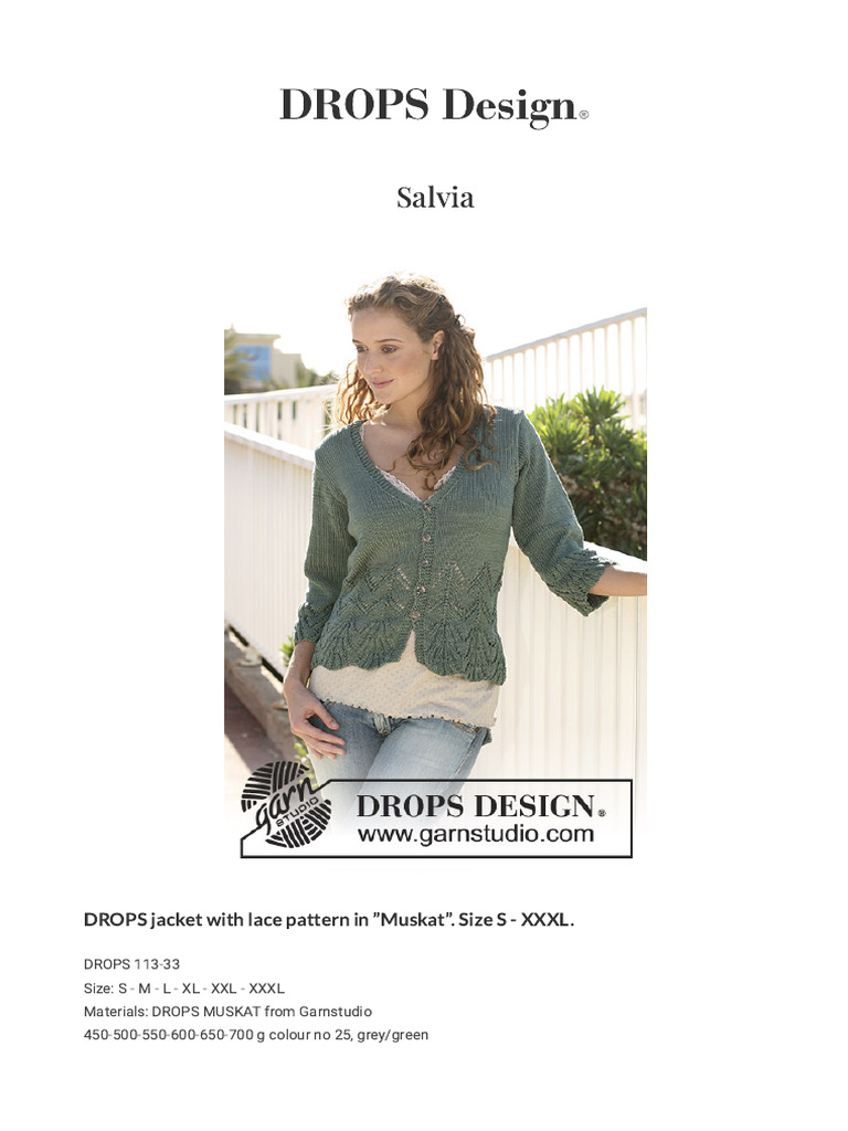 Salvia - DROPS Jacket With Lace Pattern in "Muskat". Size S - XXXL ...