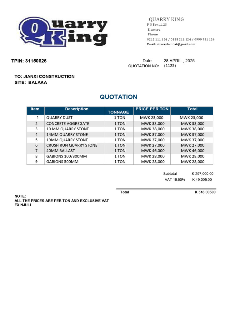 Quarry Dust and Aggregate Quotation | PDF