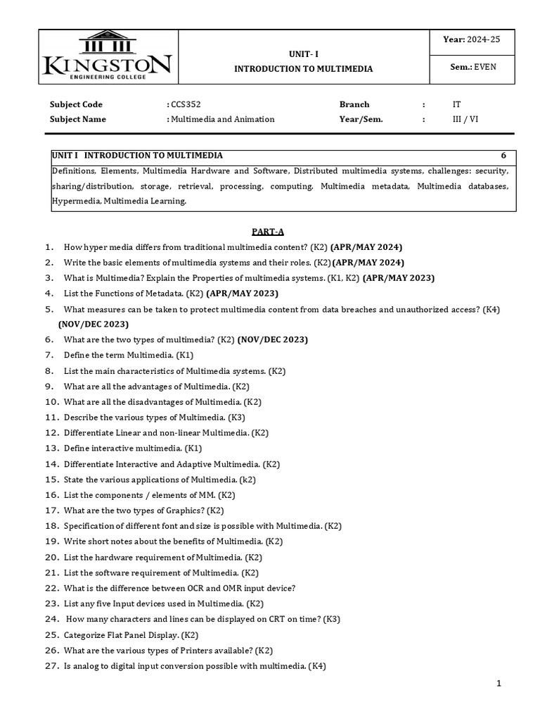 Ccs352 Mma Question Bank 2024 2025 | PDF | Computer Animation | Multimedia