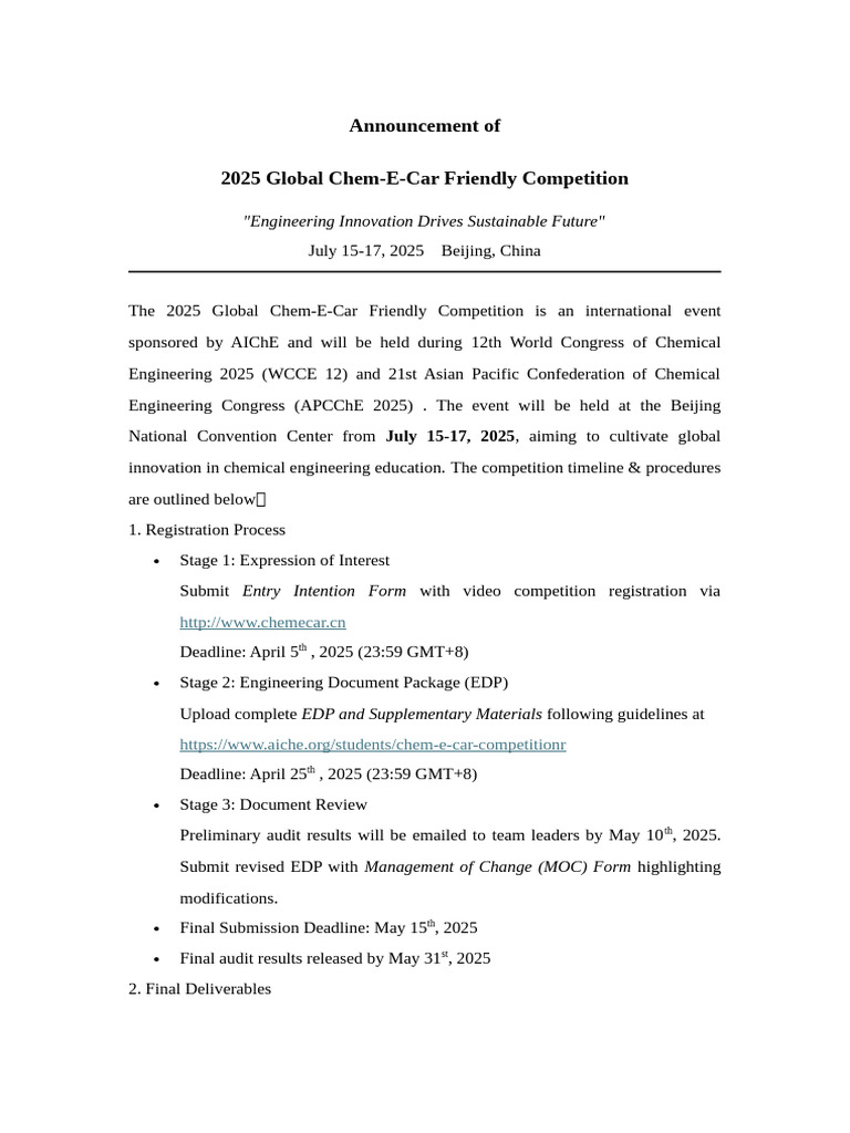 2025 Global Chem-E-Car Competition | PDF