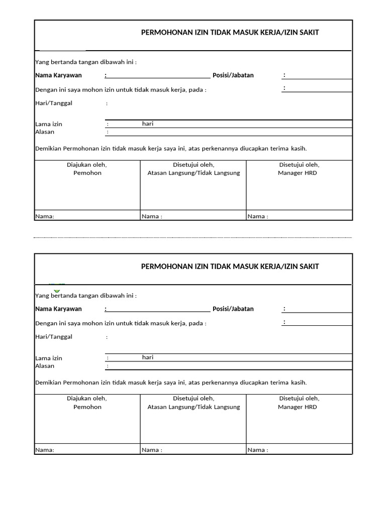 Form Izin Tidak Masuk Kerja Izin Sakit | PDF