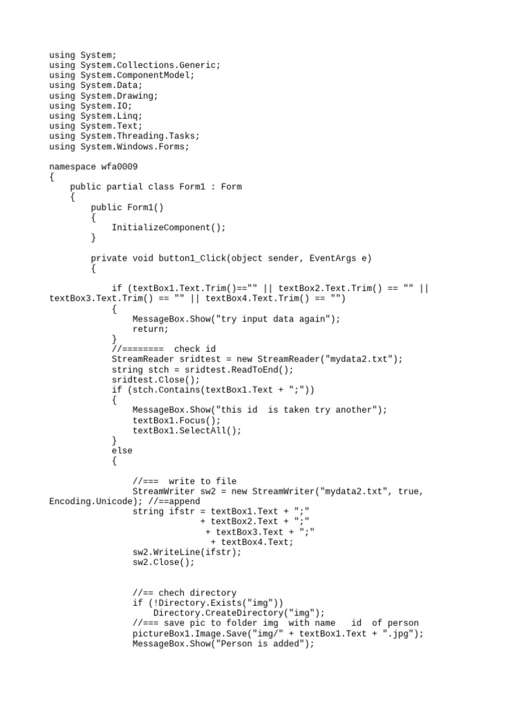 0023 حفظ صورة للاشخاص والبحث عن الصورة فى سى شارب - الكود | PDF | Text File | System Software