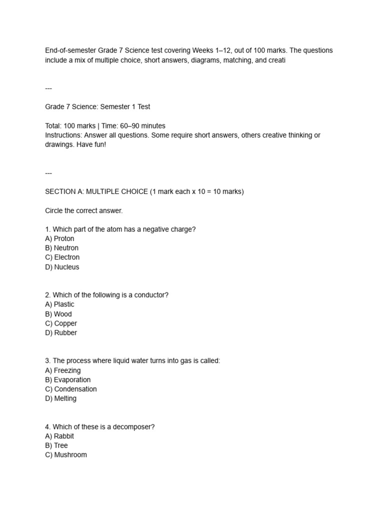 End-Of-Semester Grade 7 Science Test Covering Weeks 1-12, Out of 100 ...