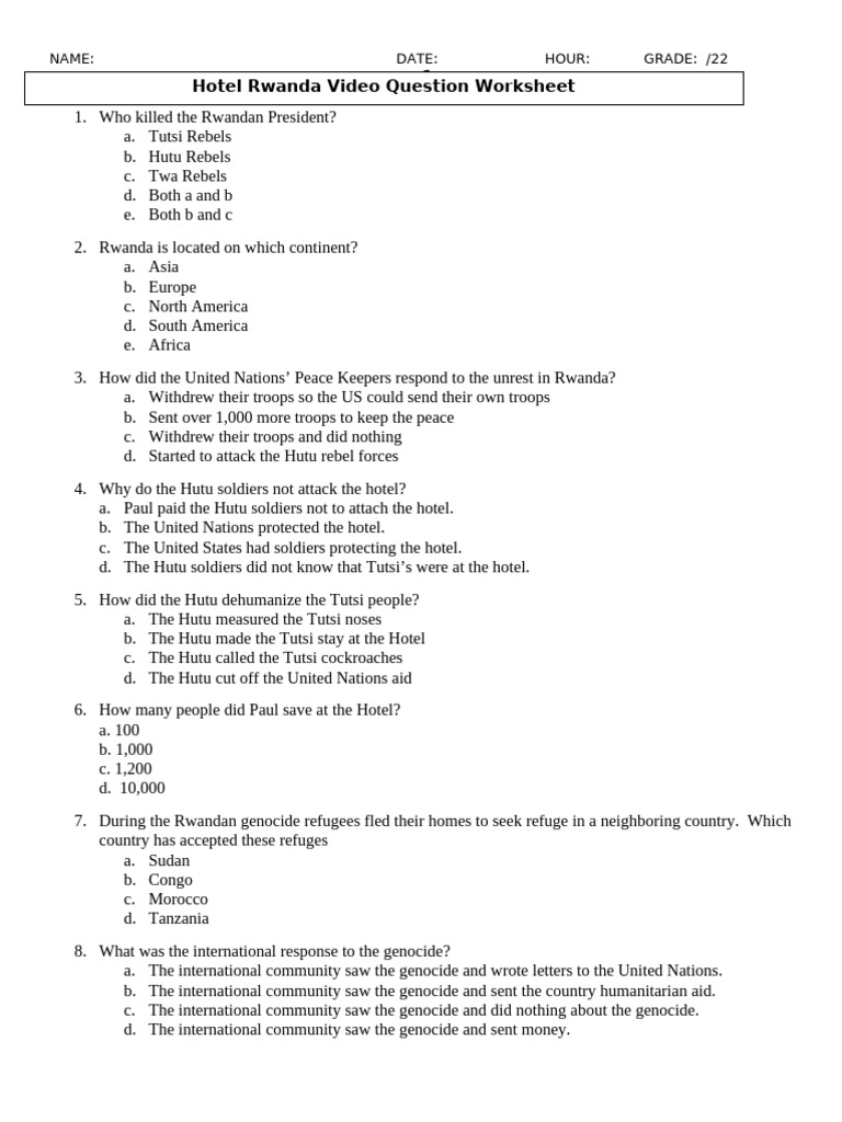 HotelRwandaVideoWorksheet 1 | PDF | Hutu | Tutsi