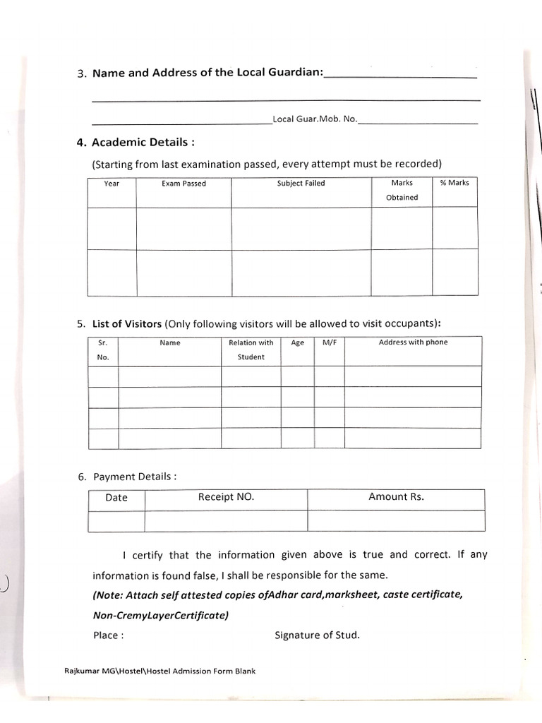 Hostel Form | PDF