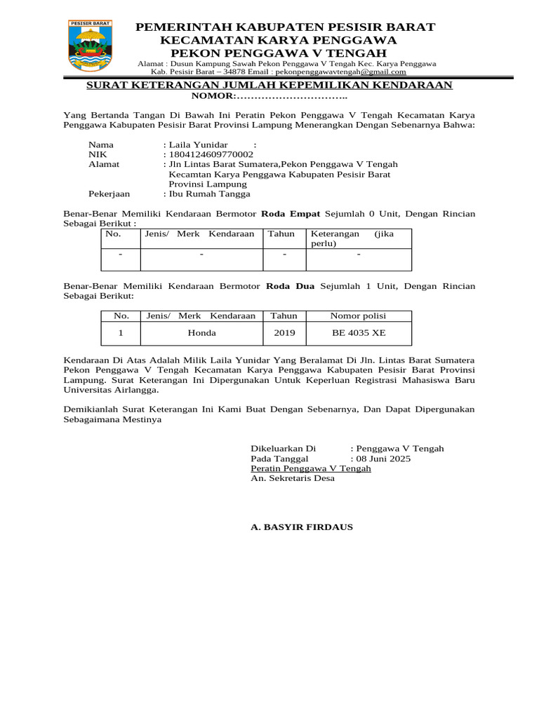 Surat Keterangan Mobil Motor | PDF