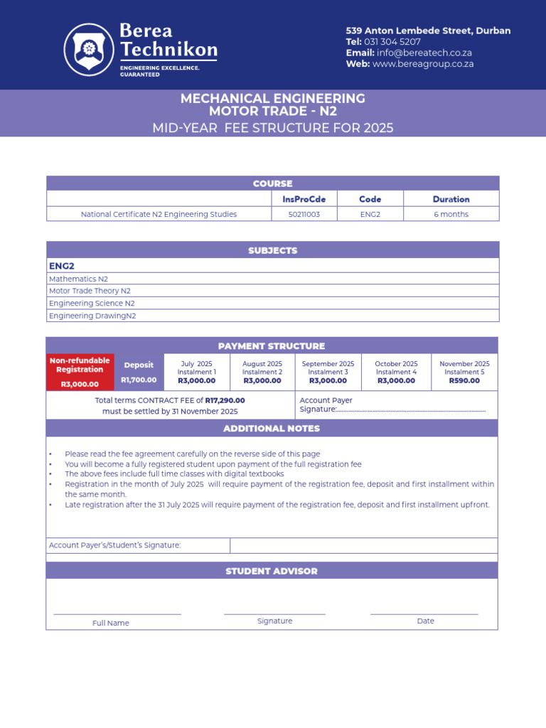 2025 N2 Engineering Course Fees | PDF | Debt | Payments