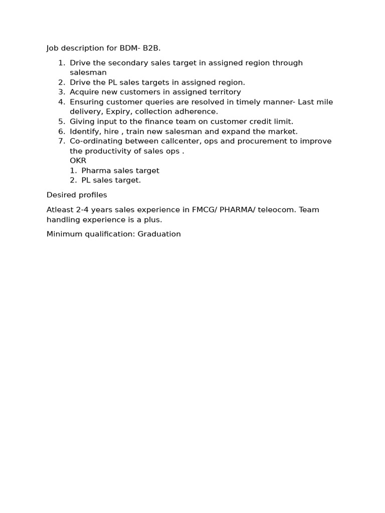 Job Description for BDM | PDF