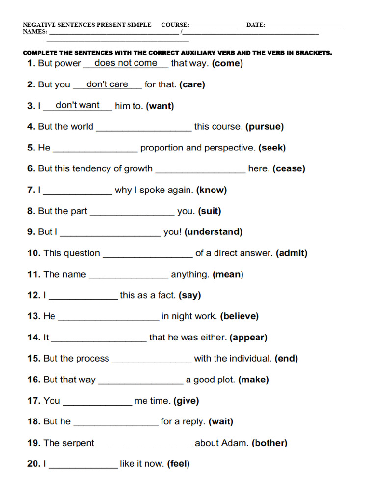 Negative Sentences Present Simple | PDF