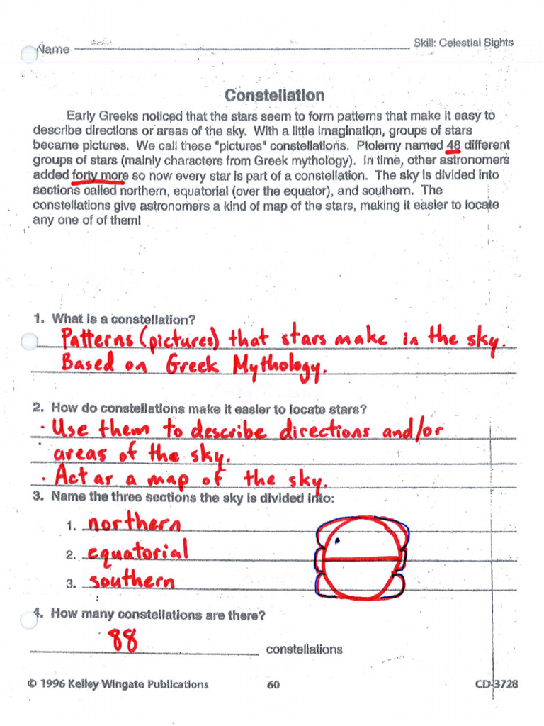 Pictures in The Sky Worksheet Answer Key | PDF