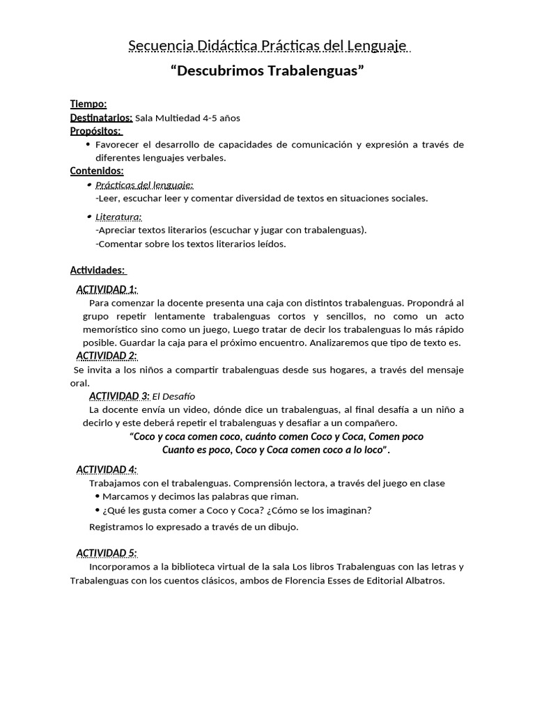 SD Pract Del Lenguaje Descubrimos Trabalenguas | PDF