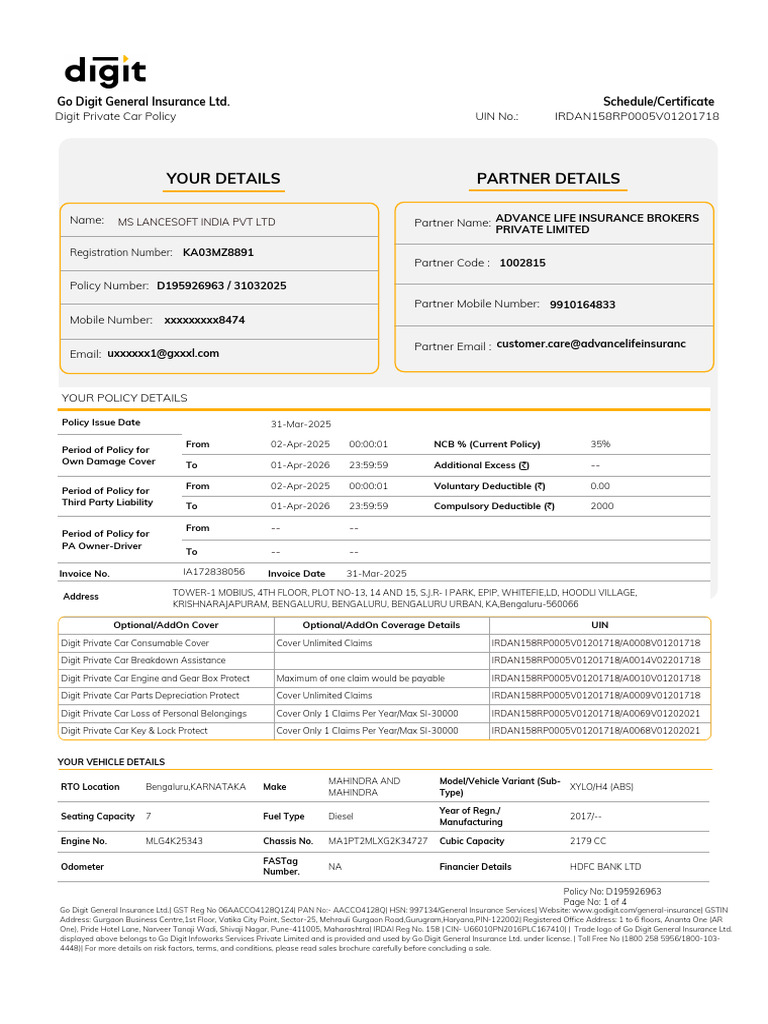 Digit Private Car Policy for Mahindra Xylo | PDF | Insurance ...