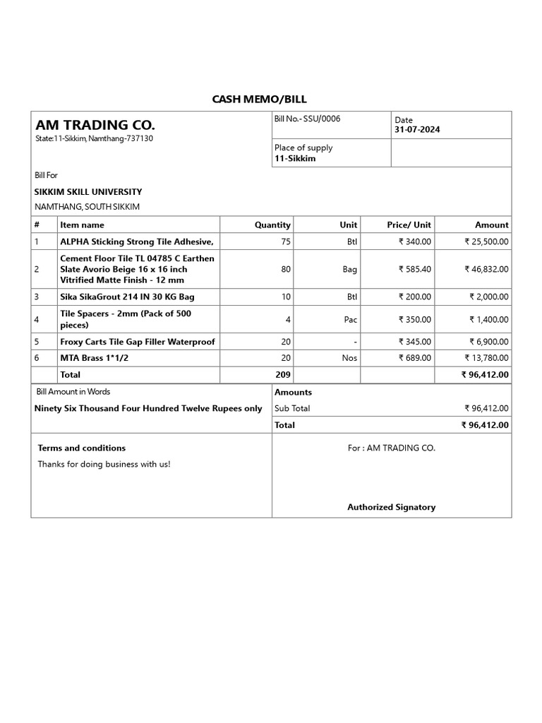 Am Trading Co. Bill No 351 | PDF