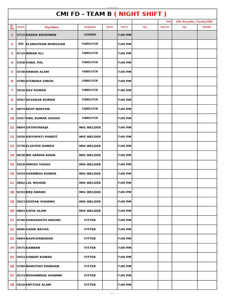 Night Time Sheet | PDF