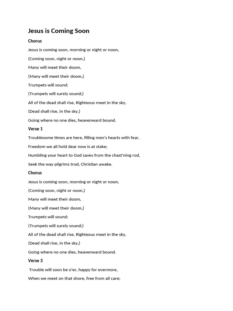 Jesus is Coming Soon Hymn Lyrics | PDF