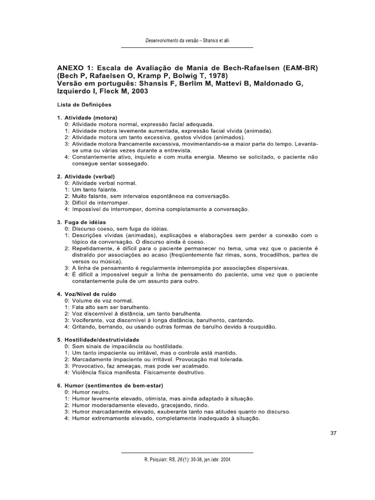 ANEXO 1 Escala de Avaliação de Mania de Bech-Rafaelsen (EAM-BR | PDF