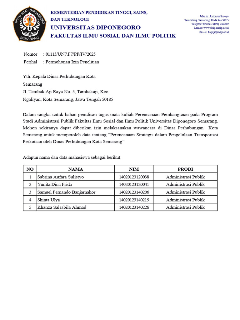 Surat Izin Penelitian Wawancara - Kel 1 PP Adpub 23. | PDF