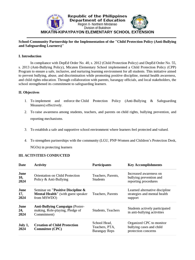 Child Protection Policy Implementation Report | PDF | Bullying | Child ...