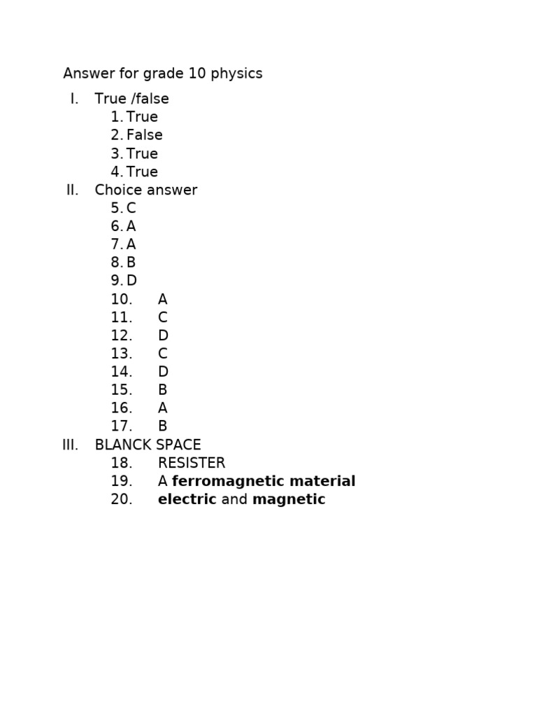 Grade 10 Physics Answer Key | PDF