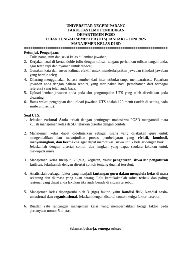 Soal UTS Manajemen Kelas Di SD 2025 | PDF