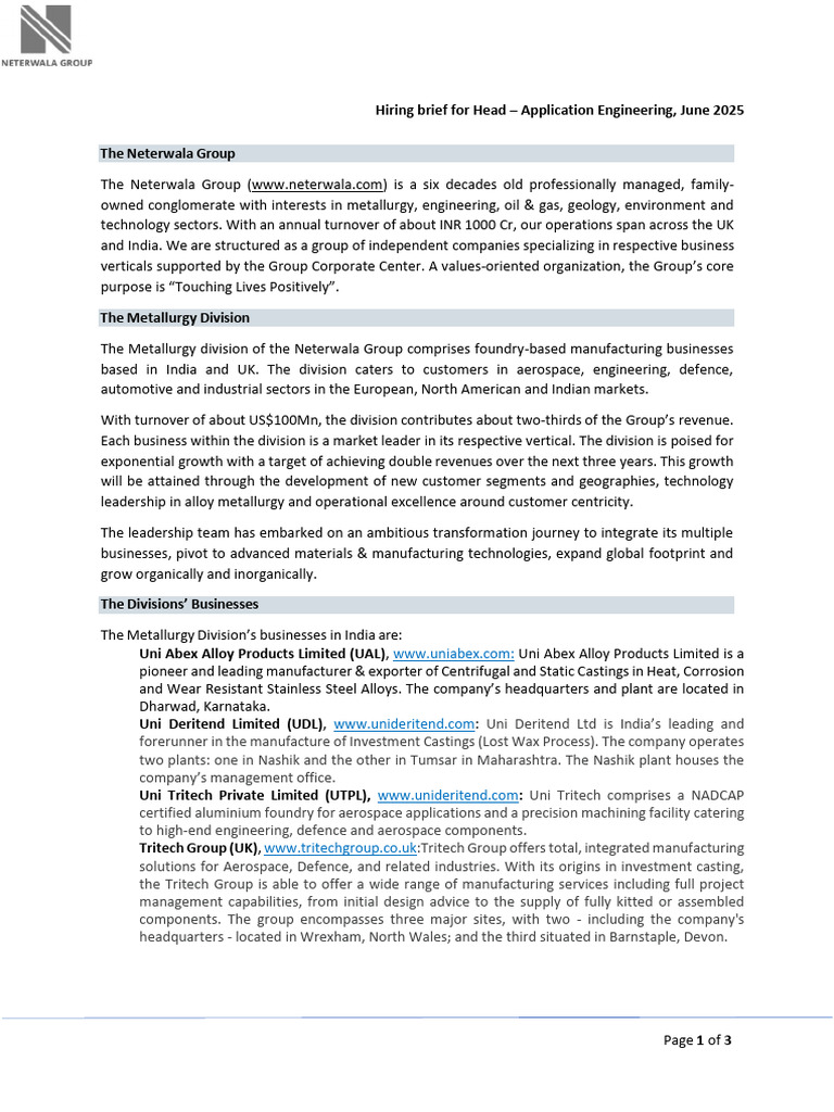 Head of Application Engineering Role | PDF | Engineering | Alloy