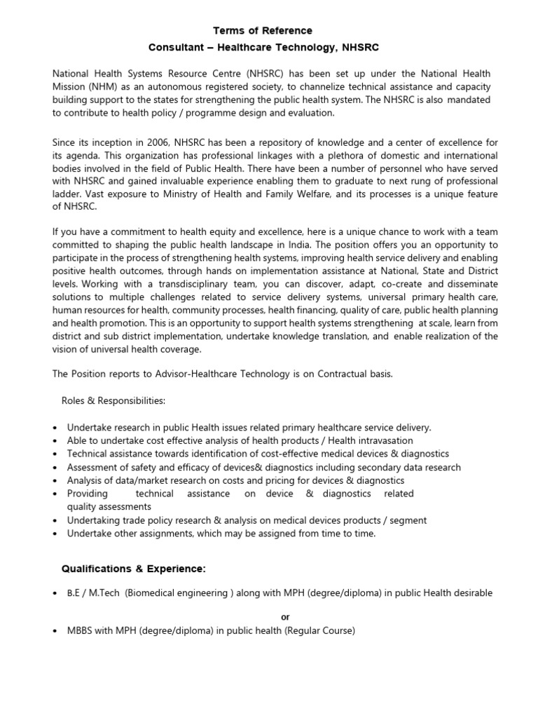 Terms of Reference, Consultant, HCT, NHSRC | PDF