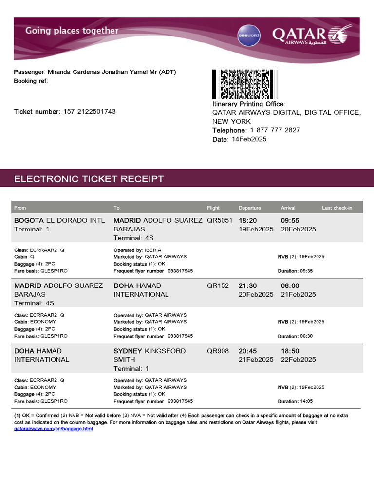 Qatar Airways Itinerary Confirmation | PDF | Payments