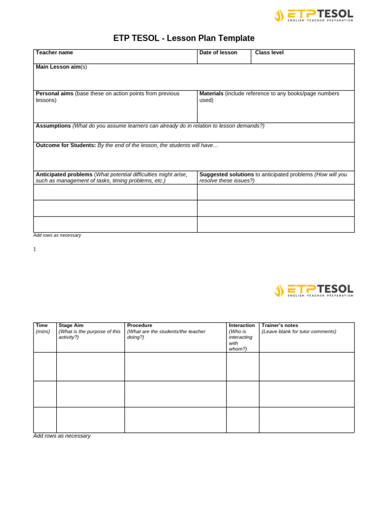 ETP TESOL - Lesson Plan Template | PDF