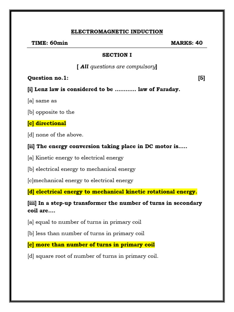 Electromagnetic Induction 40m Grade X 2025 26 Solutions | PDF | Electromagnetic Induction ...