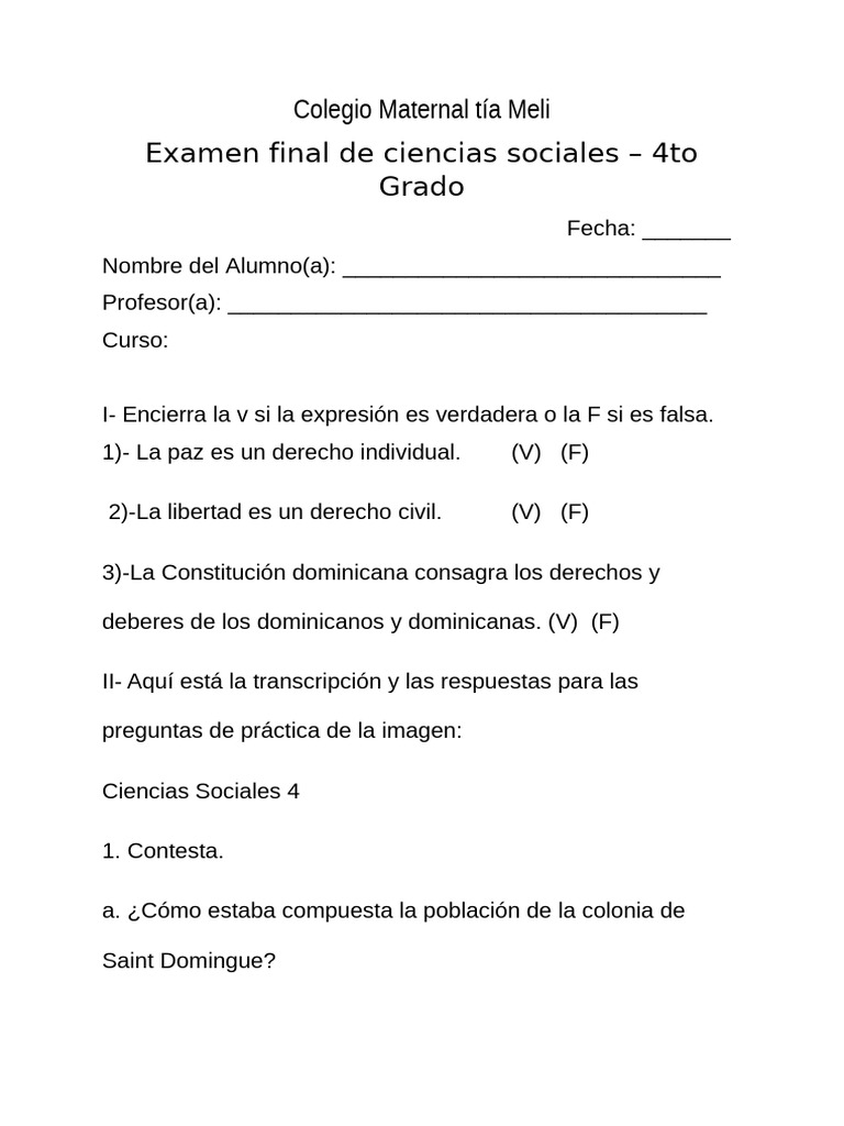 Examen Final Ciencias Sociales 4to Grado | PDF