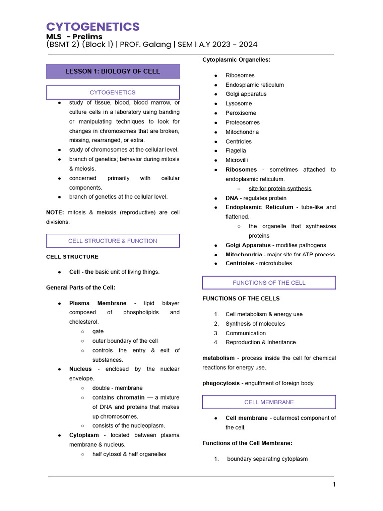 Cytogenetics Prelims | PDF | Cell (Biology) | Cell Membrane