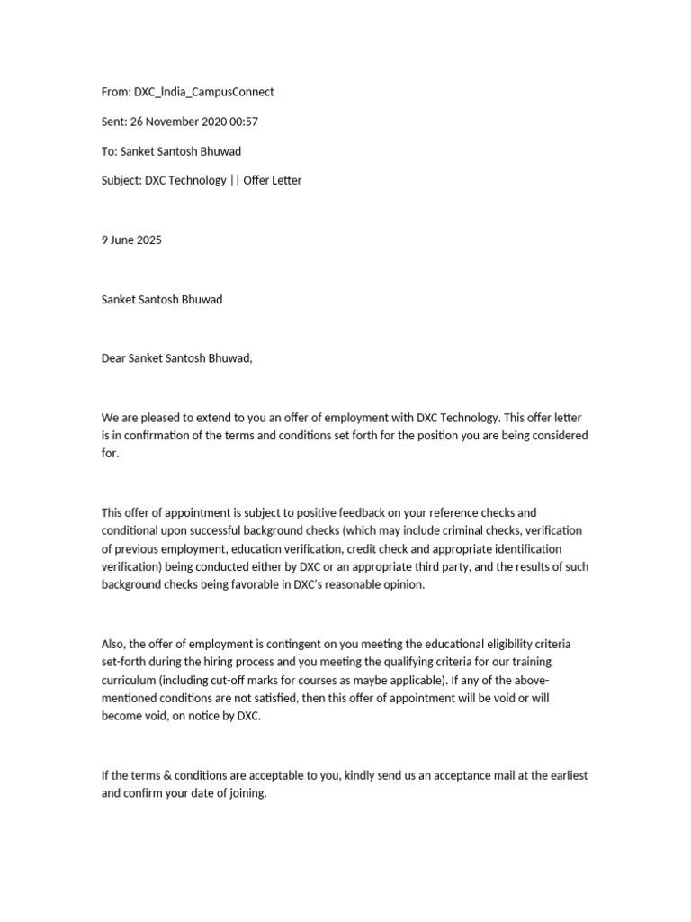DXC Offer Letter Sanket Bhuwad | PDF
