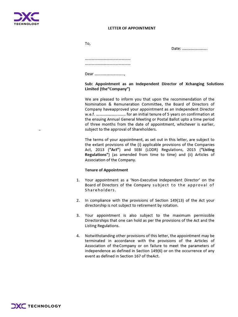 Independent Director Appointment Letter | PDF | Board Of Directors ...